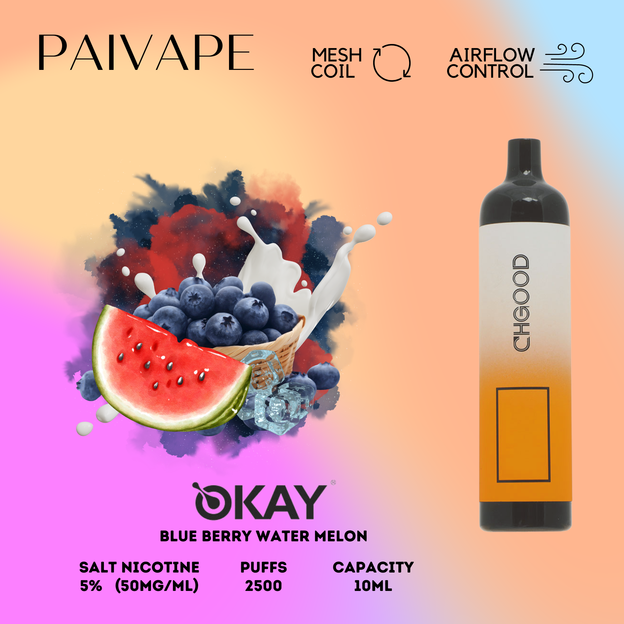 Mr Okay Vapes Disposable 2500 Puffs E-ciggarates Blueberry Watermelon ...